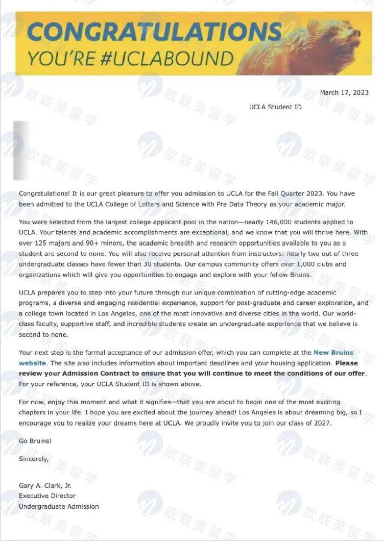 UCLA offer！L同学喜提加州洛杉矶分校录取～——欧联美留学_美国_大学_获得了