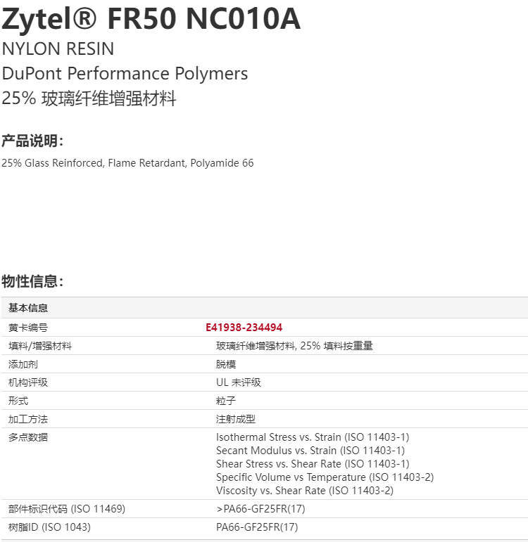 PA66+25% UL防火阻燃94V0 5VA 塞拉尼斯FR50 GF加纤尼龙66 物性表 性能参数_搜狐汽车_搜狐网