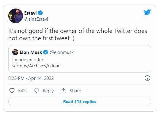 NFT泡沫破灭？290万美元“天价推特”如今竞拍最高出价仅280美元，持有人@马斯克当接盘侠_Sina_Estavi_价格