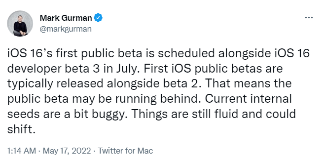 消息称苹果 iOS 16 公测版推迟至 7 月发布，因 Bug 有点多_Gurman_watchOS_活动