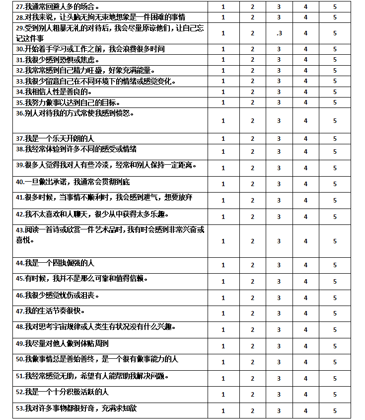 大五人格自评量表ppt （附结果对照表）测评xls方面