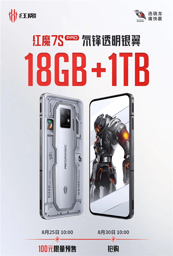 7499元 红魔7S Pro氘锋透明银翼预售：18G+1TB组合 安卓性能天花板_散热_屏下_支持
