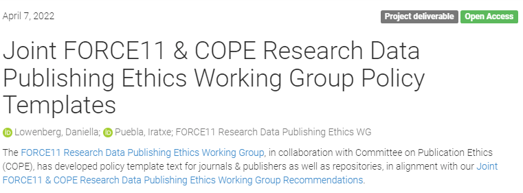 第28期 | FORCE11和COPE发布关于出版商和存储库的数据出版伦理建议：来自工作组领导的分享_研究_问题_处理