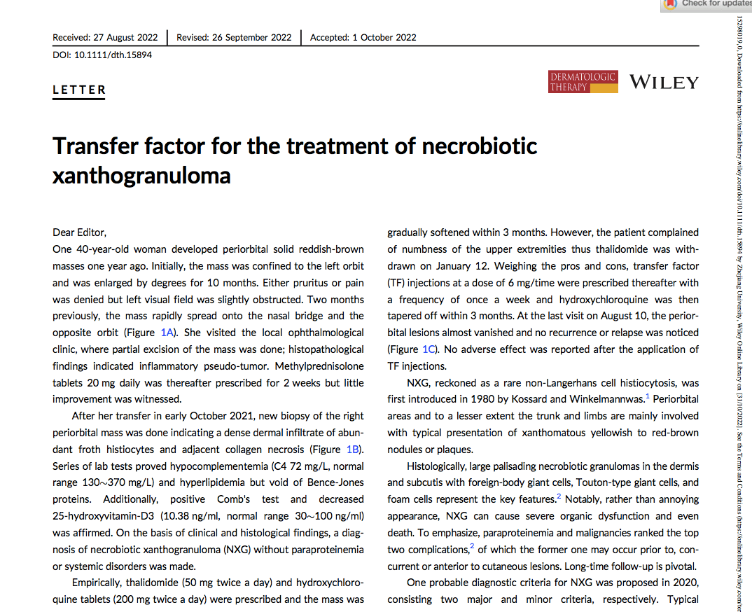 Dermatol Ther | 转移因子注射液治疗渐进性坏死性黄色肉芽肿1例_临床_皮损_诊断