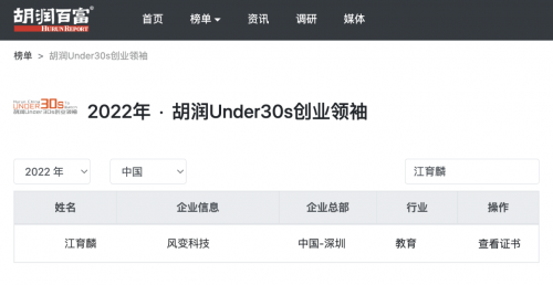 风变科技江育麟入选《2022胡润中国U30创业先锋》榜单_教育_行业_创新