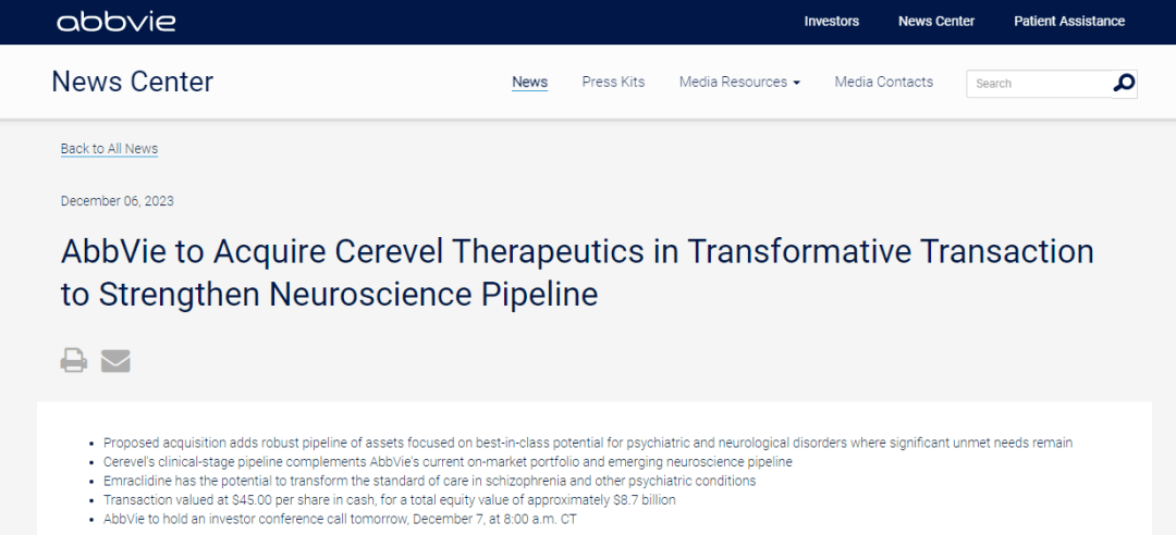 艾伯维再出手，出资87亿美元收购Cerevel Therapeutics_药物_中国医药_报告