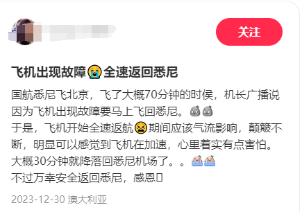 CA174航班飞行途中出现故障返航，亲历者发文！国航通报_悉尼_飞机_网友